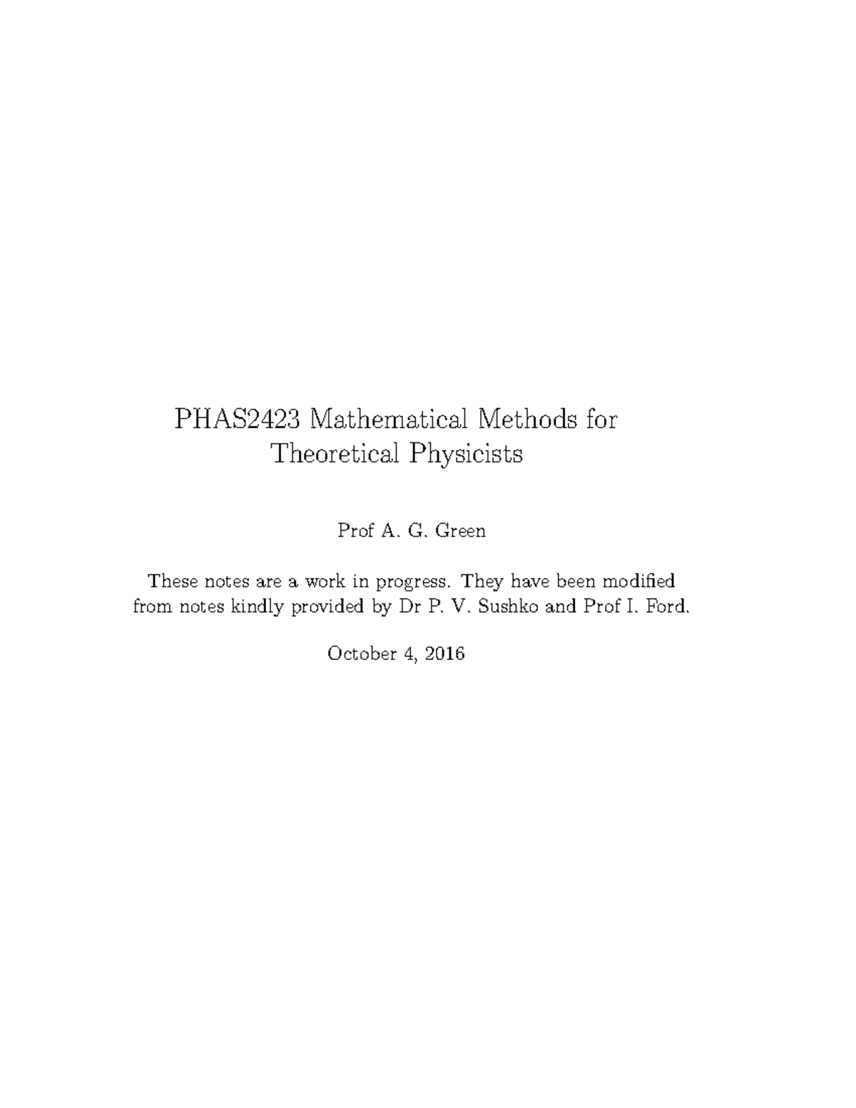 Lecture Notes 2016 2017 Phas2423 Mathematical Methods For Theoretical