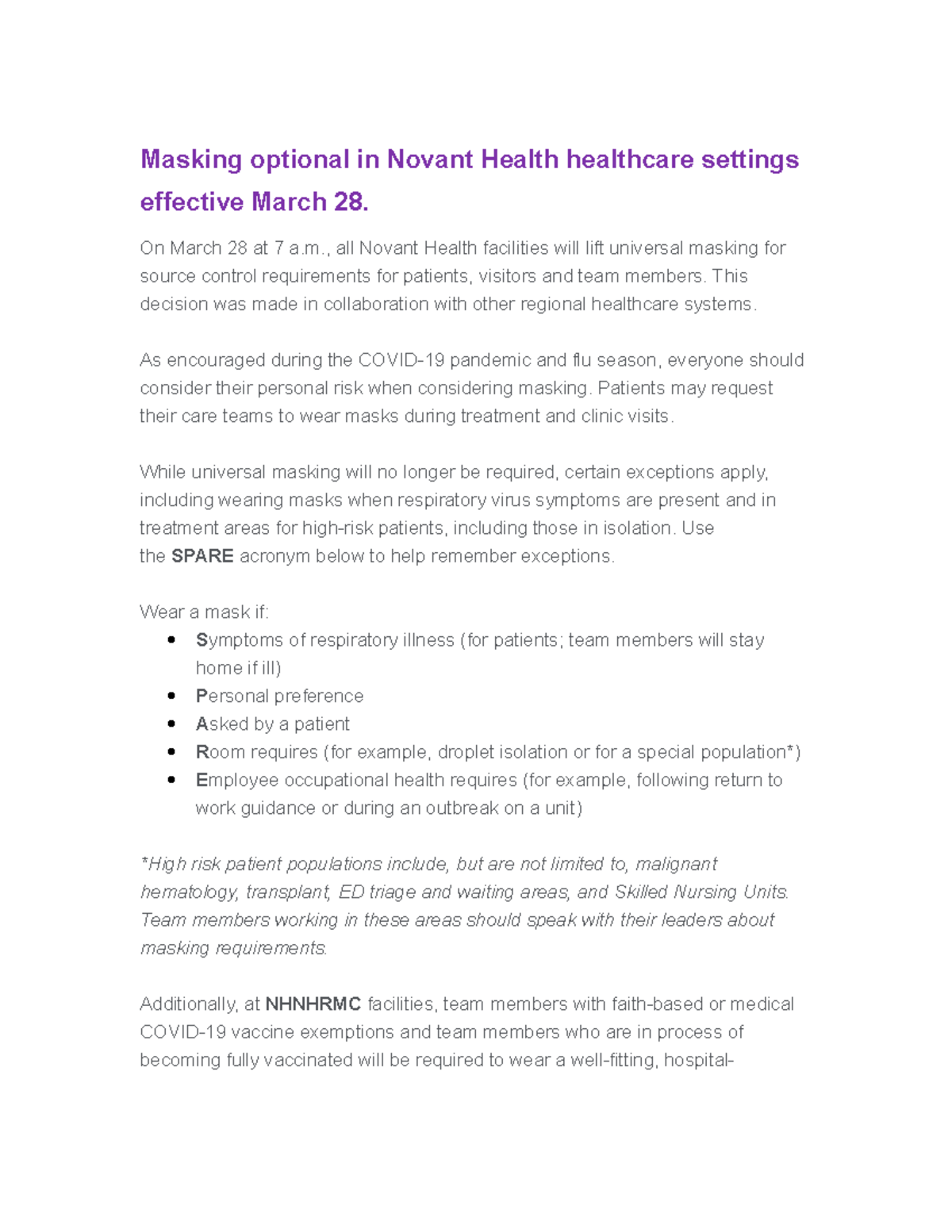 Masking optional in Novant Health healthcare settings effective March ...