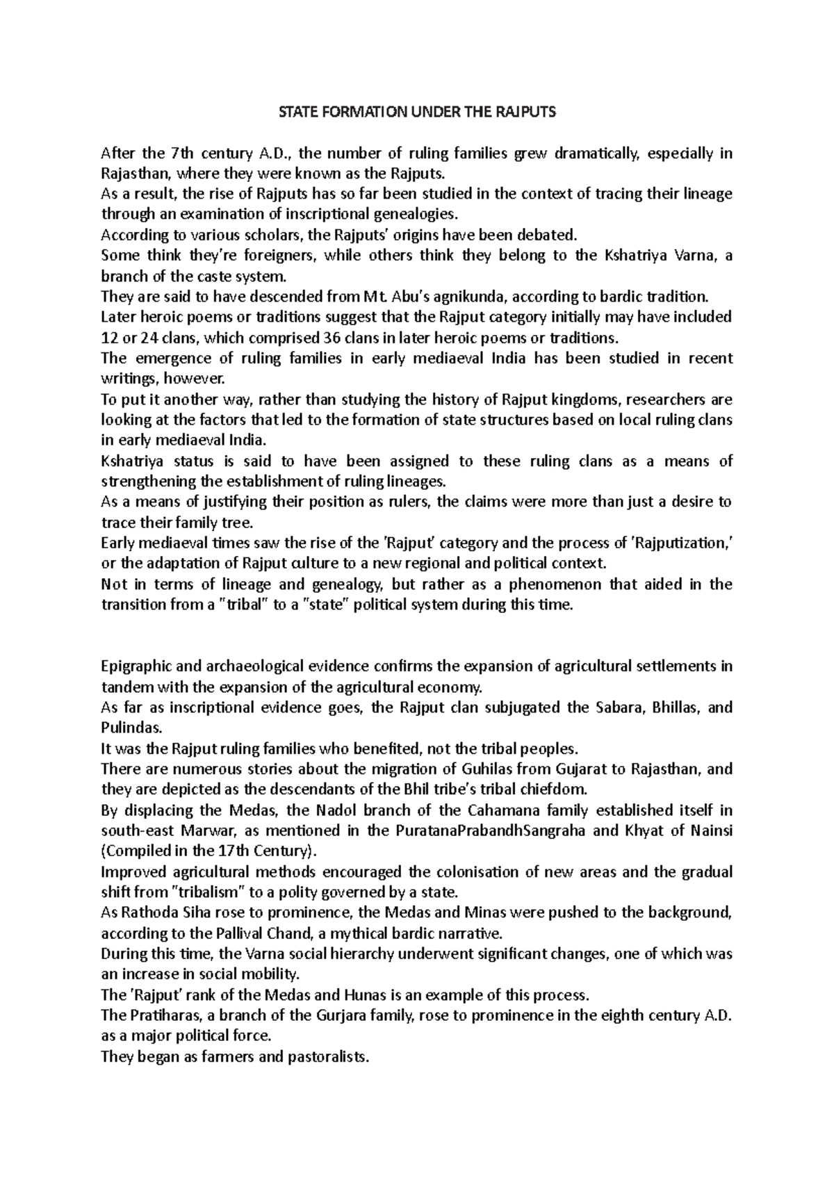 State Formation Under THE Rajputs - STATE FORMATION UNDER THE RAJPUTS ...