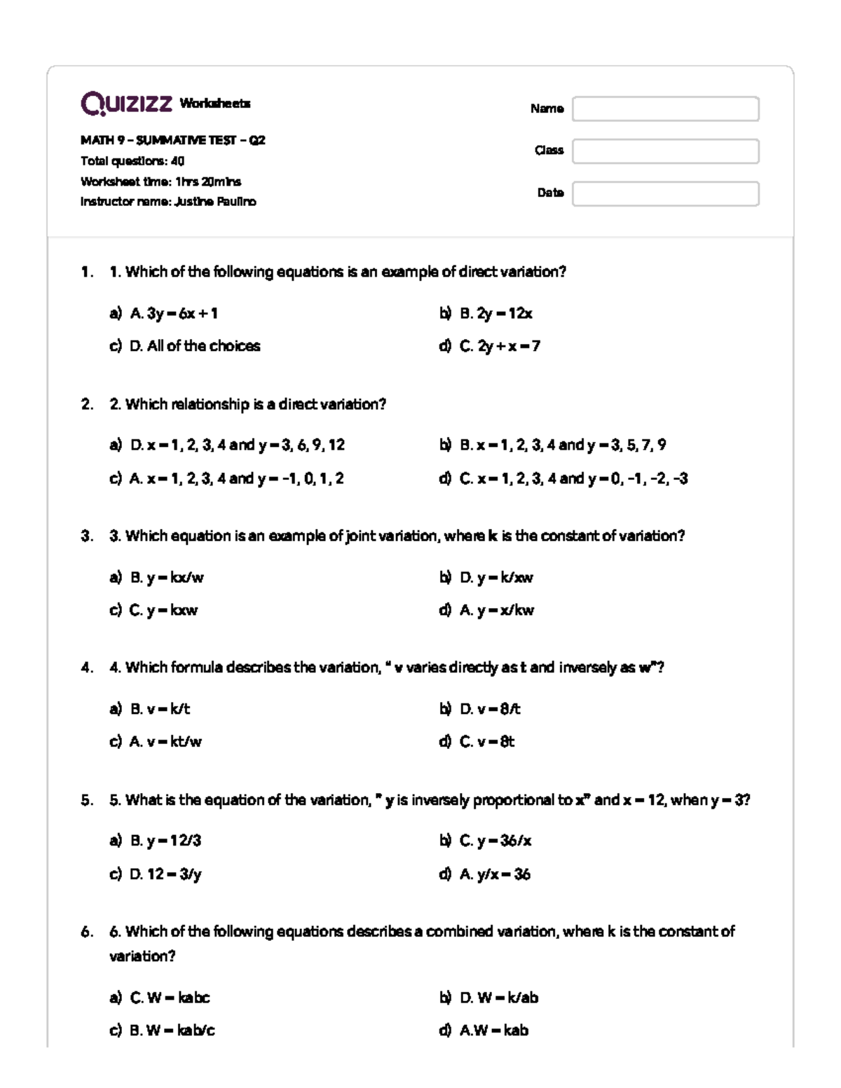 MATH 9 - Summative TEST - Q2 Quizizz - Worksheets MATH 9 - SUMMATIVE ...