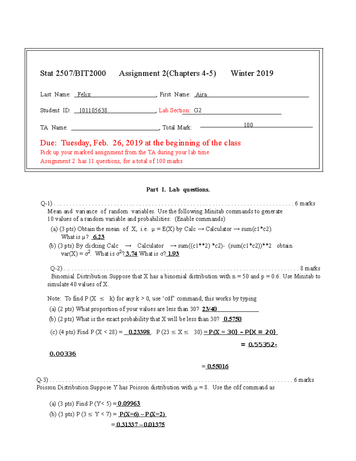Stat 2507: Assignment Number 2 - Stat 2507/BIT2000 Assignment 2 ...