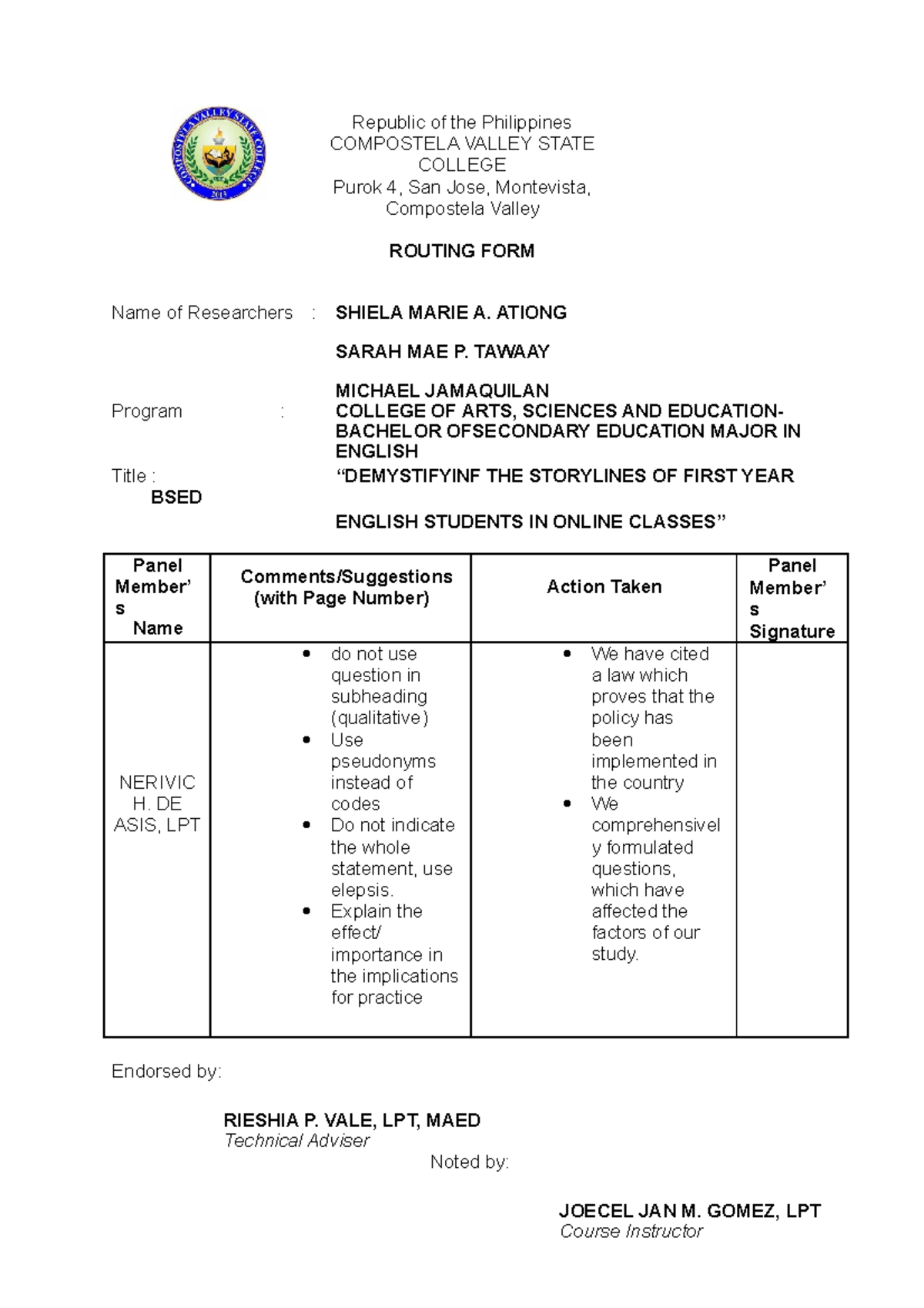 Routing FORM - Republic of the Philippines COMPOSTELA VALLEY STATE ...