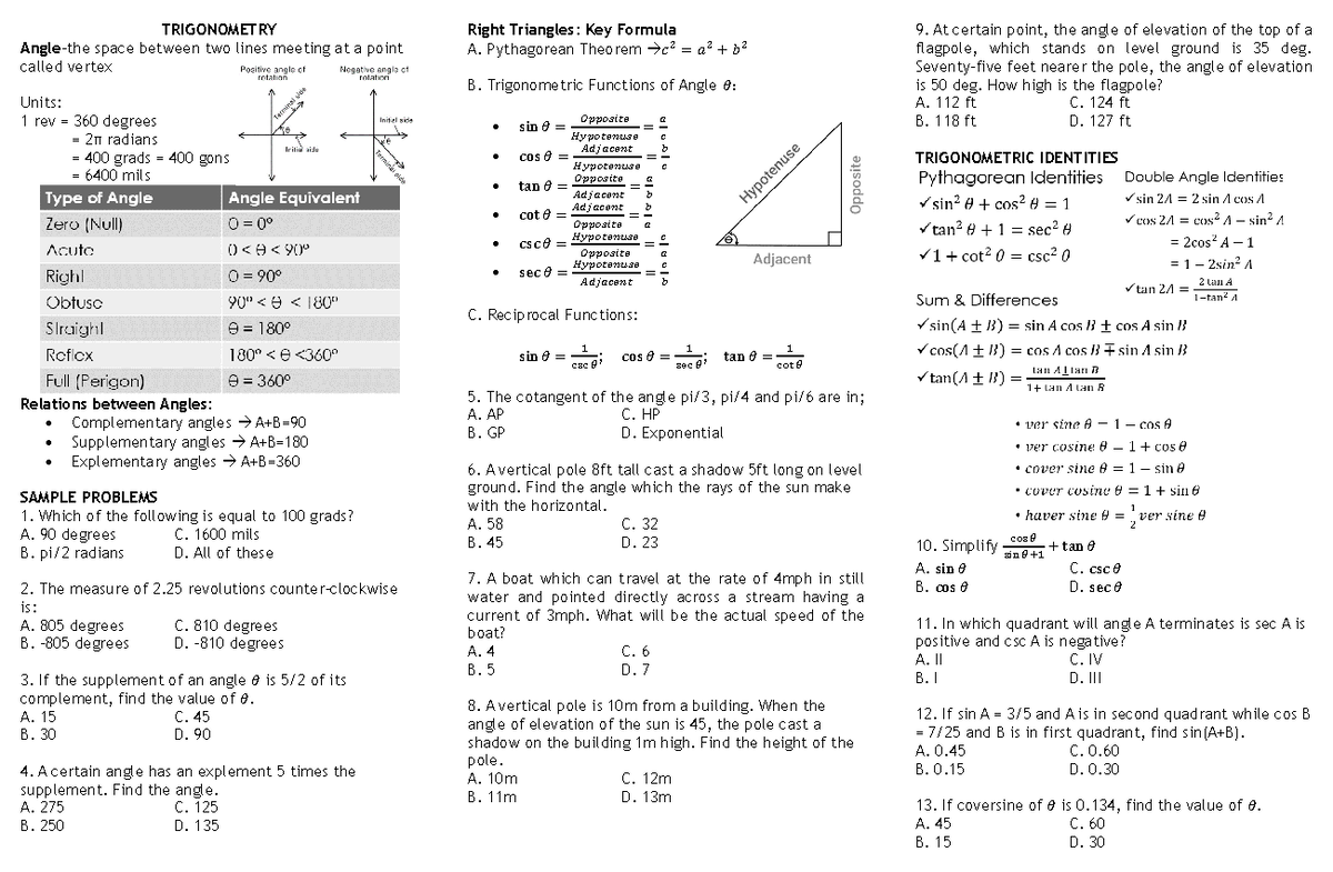 04- Trigo - TRIGONOMETRY Angle-the space between two lines meeting at a ...