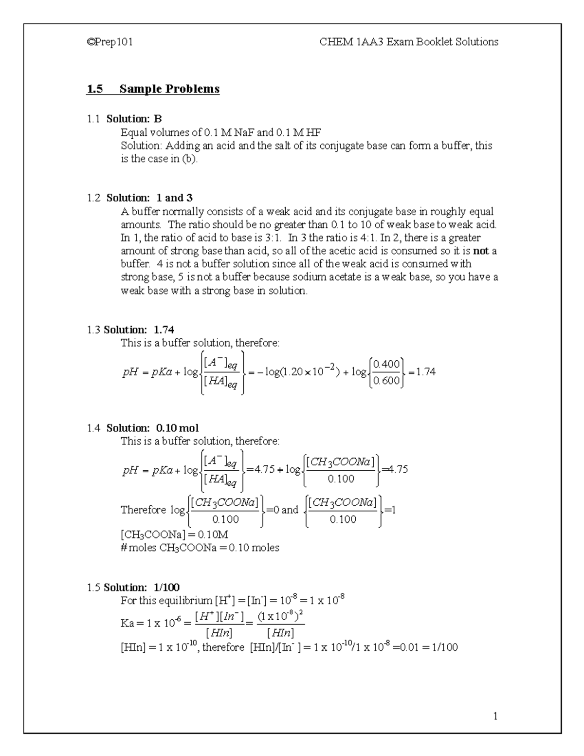 chem 1aa3 final exam booklet - 1 Sample Problems 1 Solution: B Equal ...