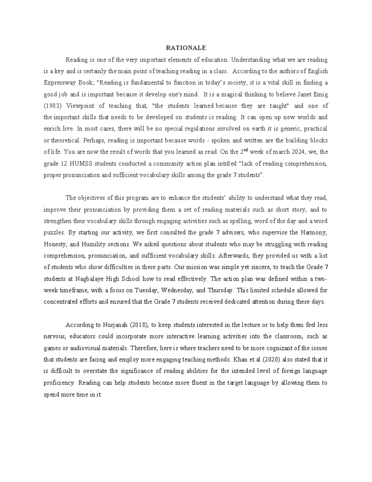 Narrative IN Community Action PLAN - RATIONALE Reading is one of the ...