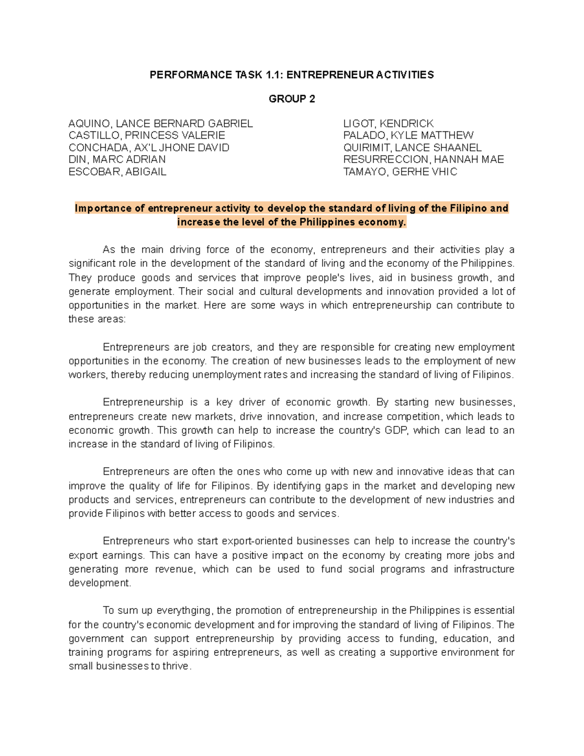 Entrep 001 Group 2 PETA 1 - PERFORMANCE TASK 1: ENTREPRENEUR ACTIVITIES GROUP 2 AQUINO, LANCE ...