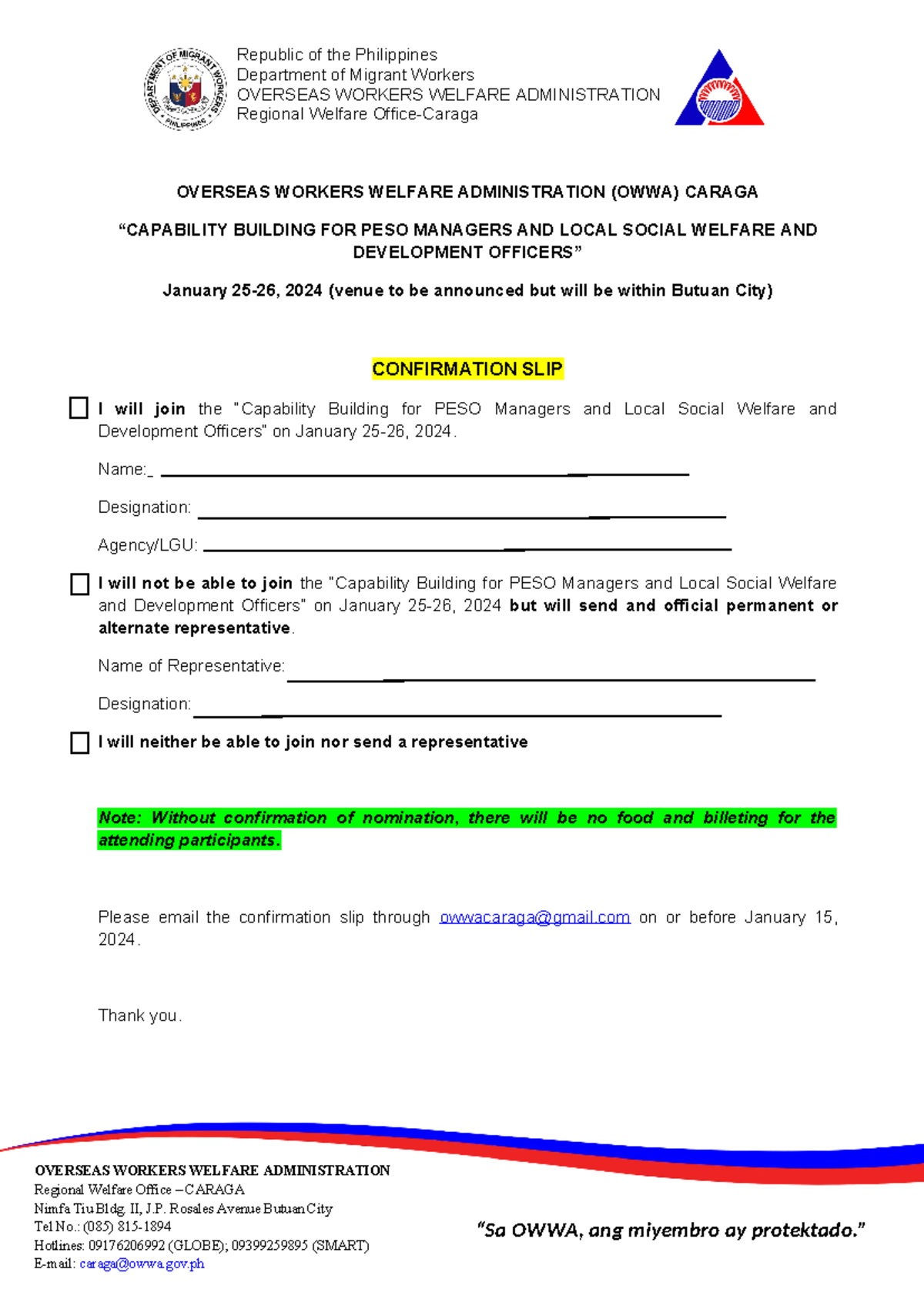 OWWA- Confirmation-SLIP - OVERSEAS WORKERS WELFARE ADMINISTRATION ...