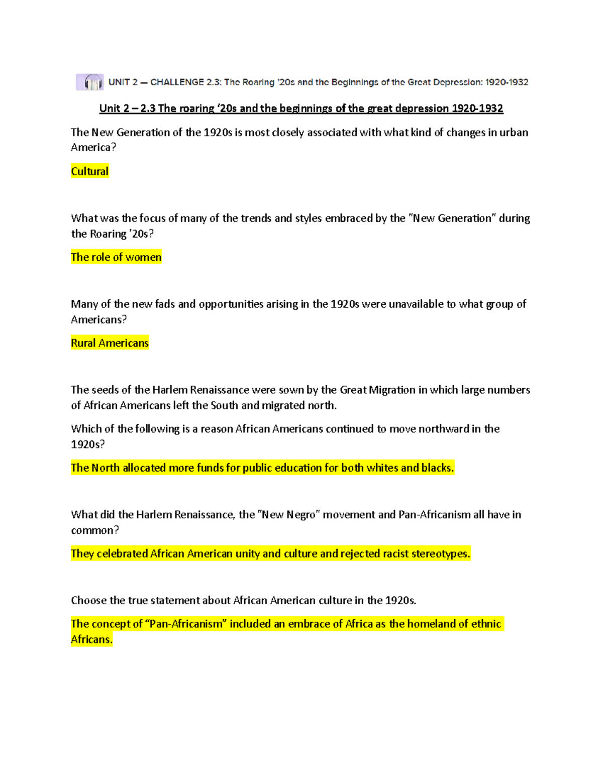 Sophia Pathways U.S. History II Challenge 2.3 The roaring ‘20s and the ...