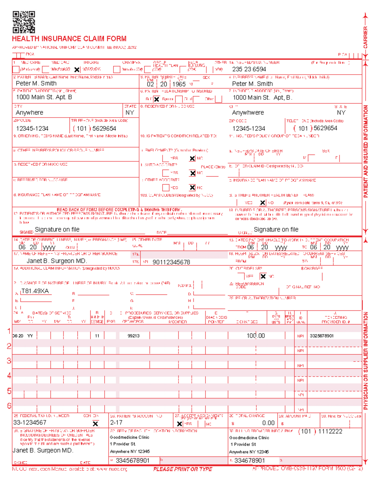 Cms 1500 Claims form Peter smith - ANTH 2351 - CTC - Studocu