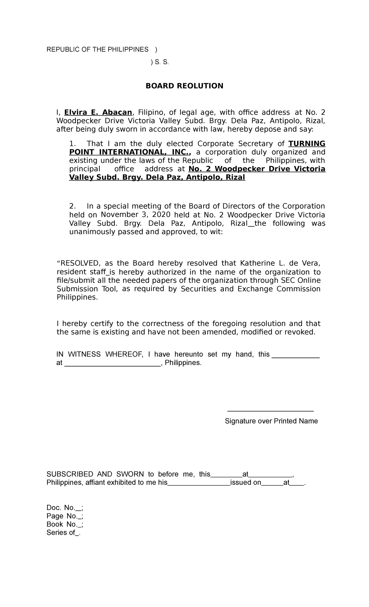 Sec certificate bir - REPUBLIC OF THE PHILIPPINES ) ) S. S. BOARD ...