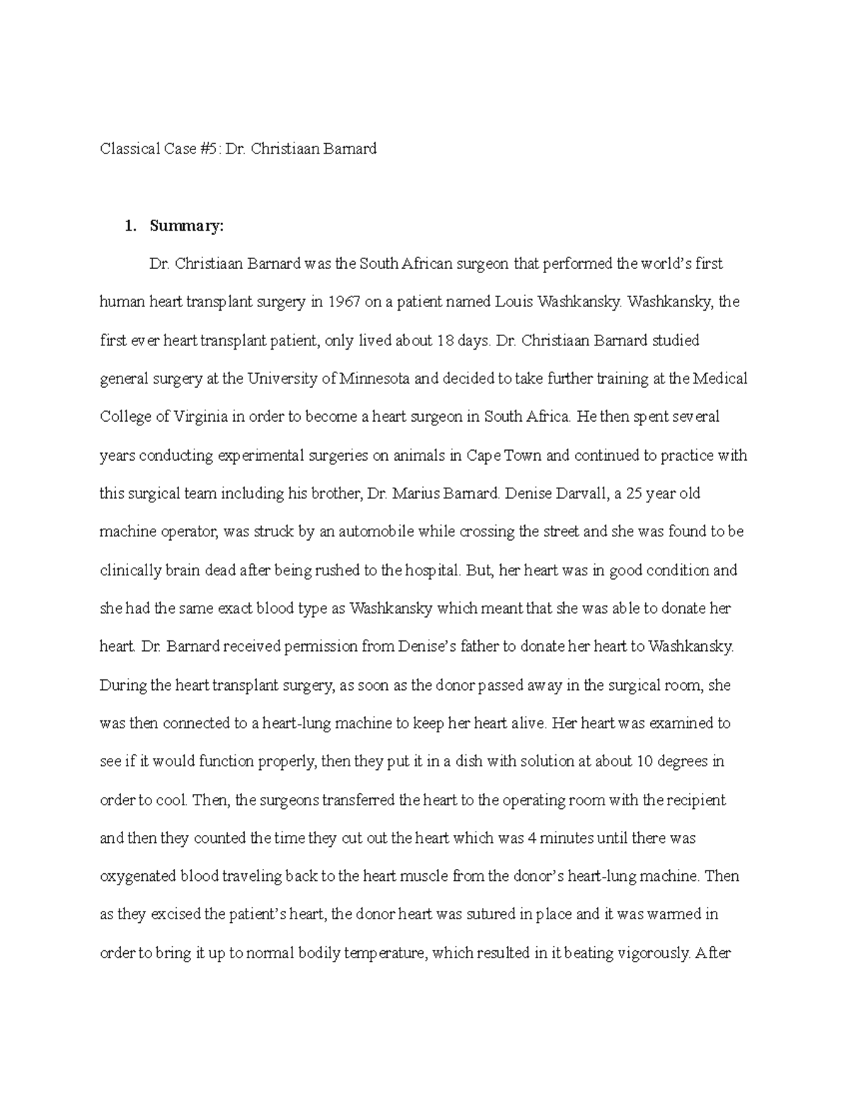 Bio 220 classical case 5 - Classical Case #5: Dr. Christiaan Barnard ...