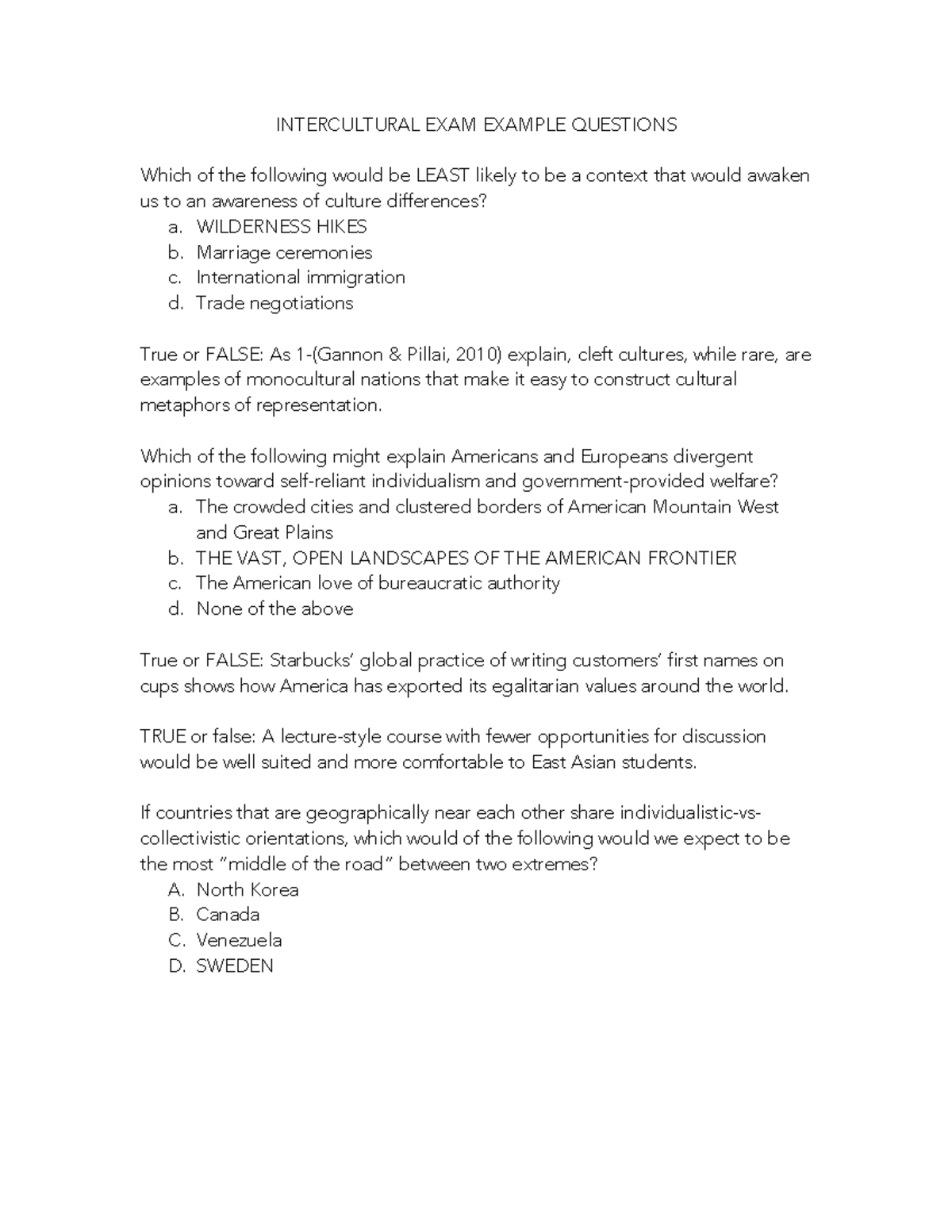 Intercultural Exam Examples - INTERCULTURAL EXAM EXAMPLE QUESTIONS ...