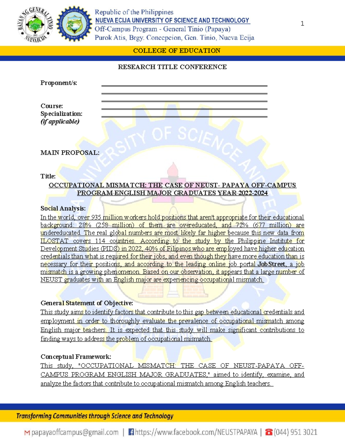 1&2 Research Proposal Drafts - COLLEGE OF EDUCATION RESEARCH TITLE ...