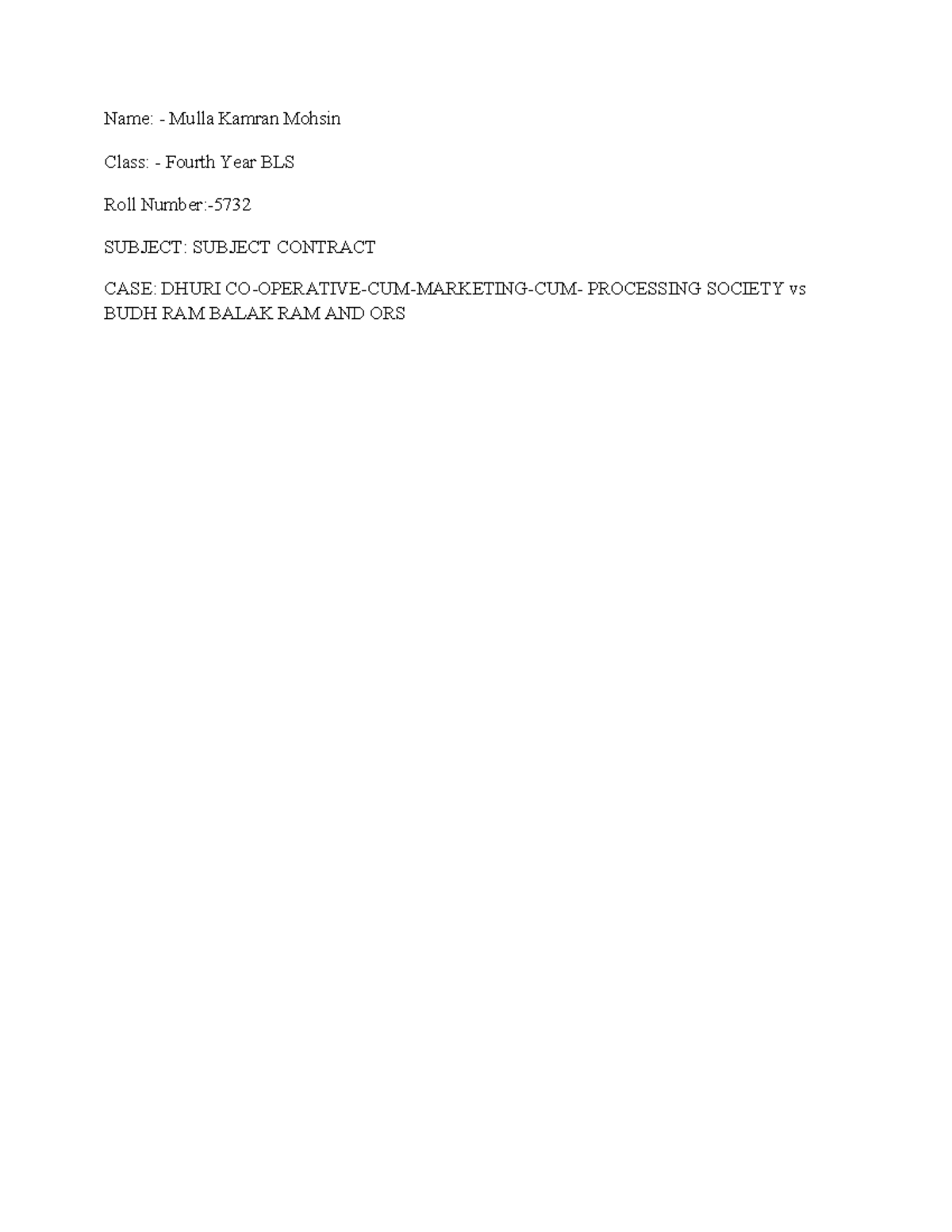 Contract-budh ram - Name: - Mulla Kamran Mohsin Class: - Fourth Year ...