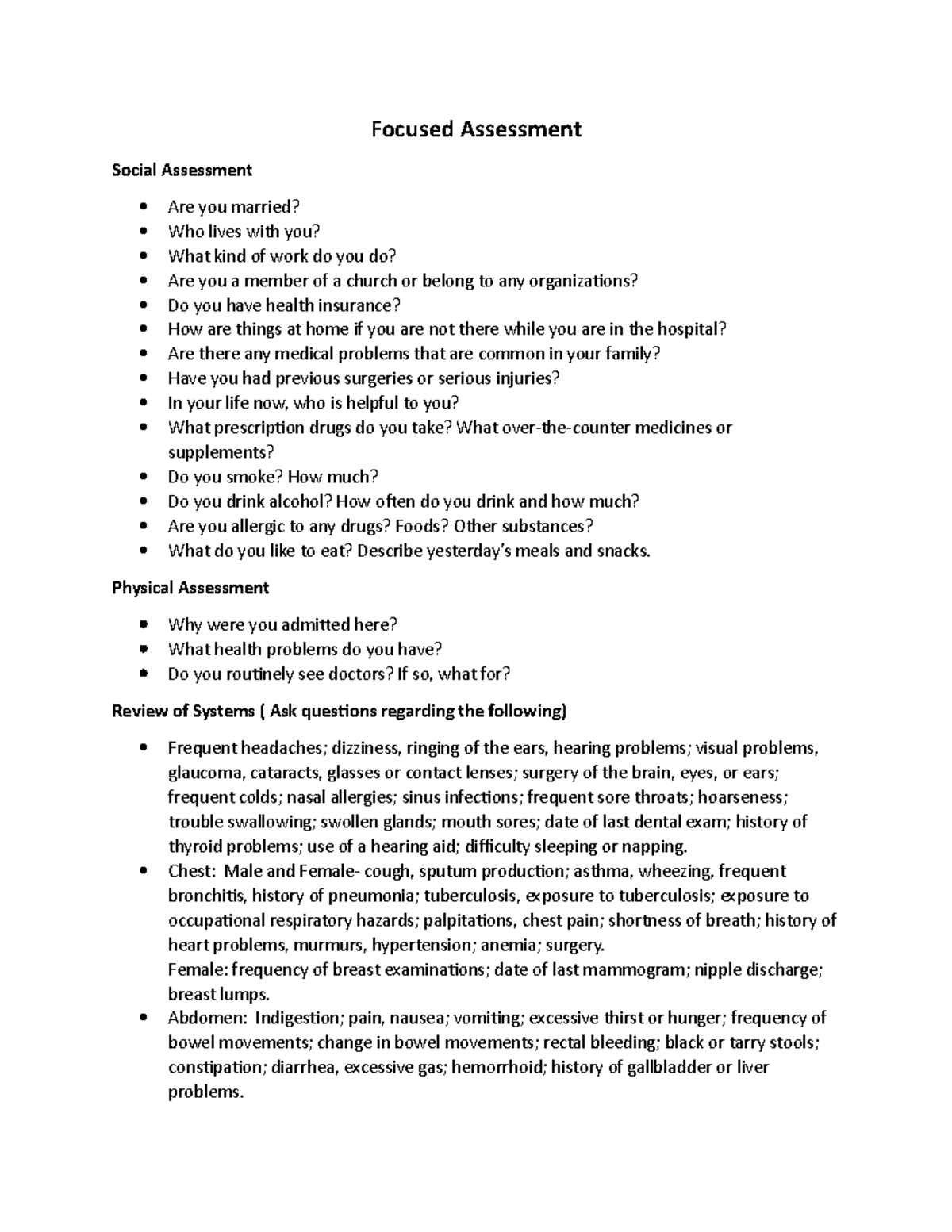 Focused Assessment - Focused Assessment Social Assessment Are you ...