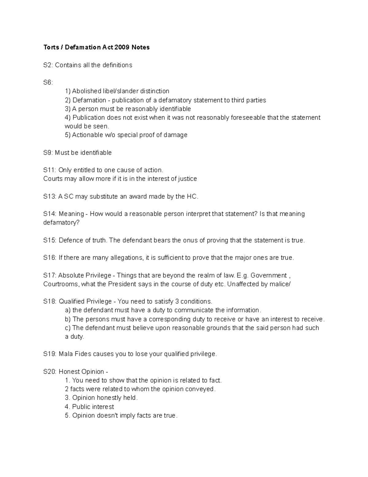 Torts Defamation Act 2009 Notes - Torts / Defamation Act 2009 Notes S2 ...