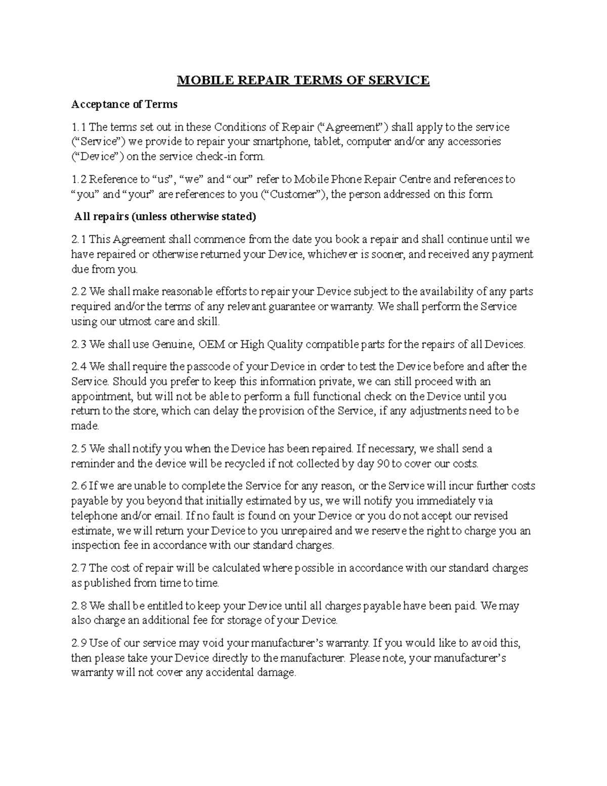Mobile Repair Terms OF Service - MOBILE REPAIR TERMS OF SERVICE ...