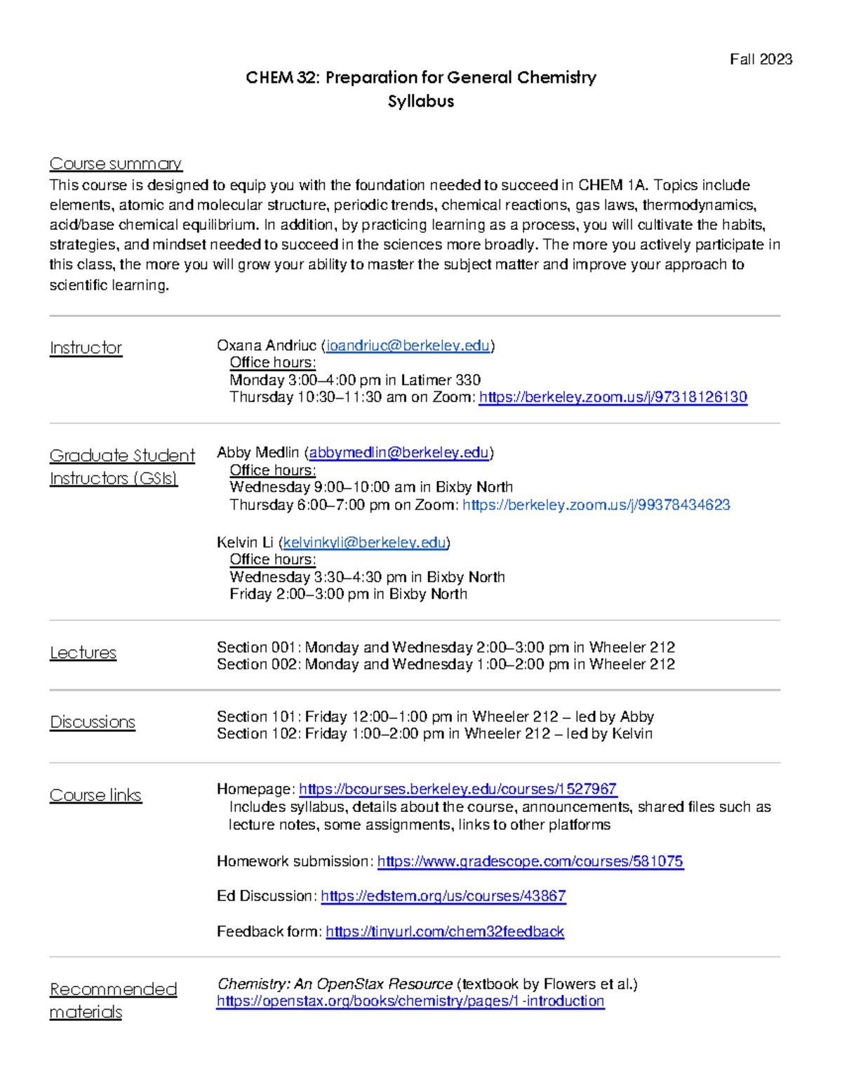 Chem32 Fa23 Syllabus - Lecture Notes - CHEM 32: Preparation for General ...