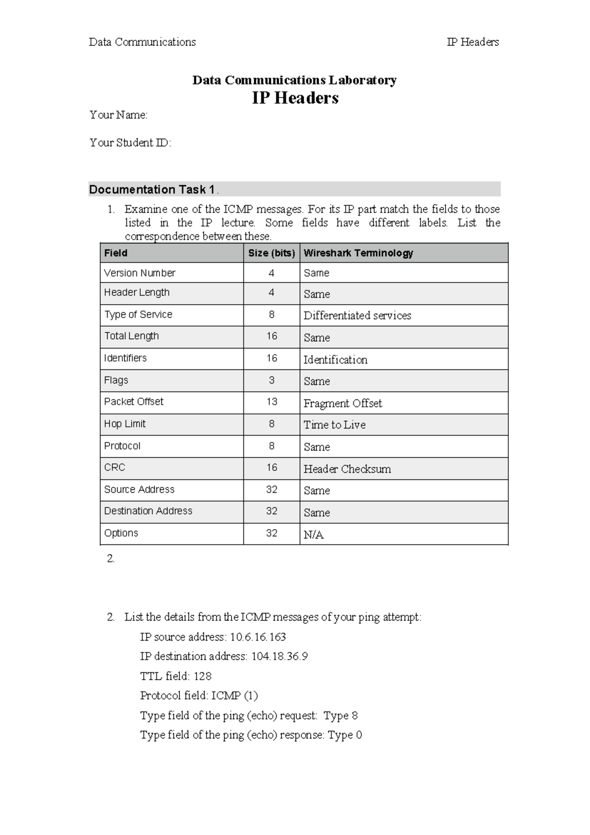 Practical - IP Headers - Documentation - Data Communications Laboratory ...