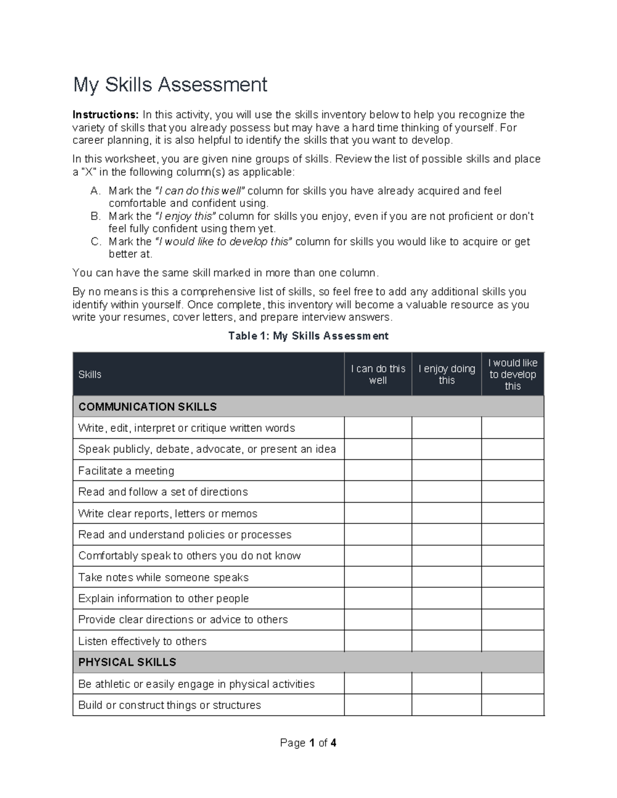 Skills Assessment Worksheet - My Skills Assessment Instructions: In ...