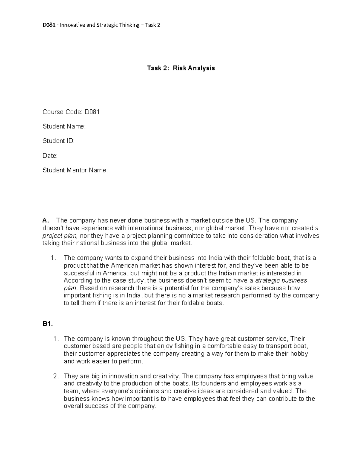 WGU D081 Task 2 - D081 - Innovative and Strategic Thinking – Task 2 ...