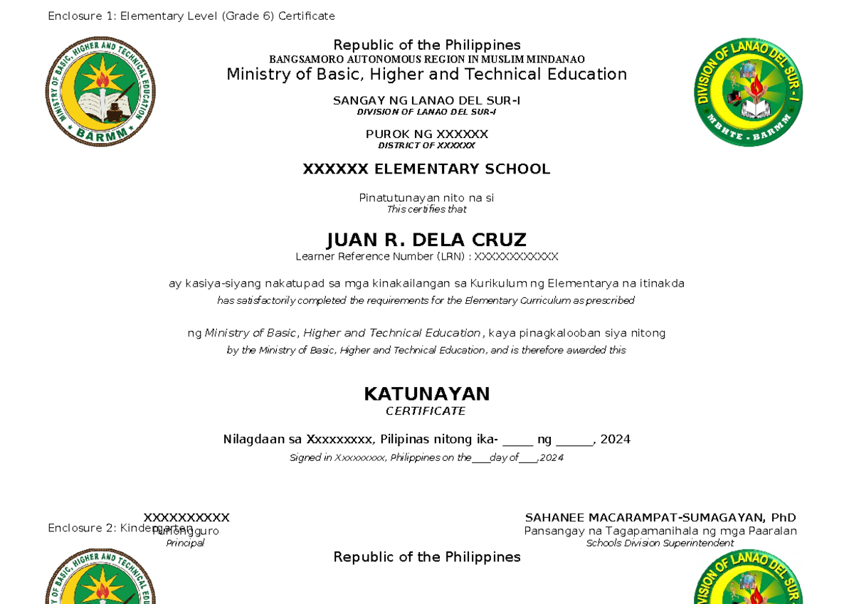 Diploma Certificate Format 2024 - Enclosure 1: Elementary Level (Grade ...
