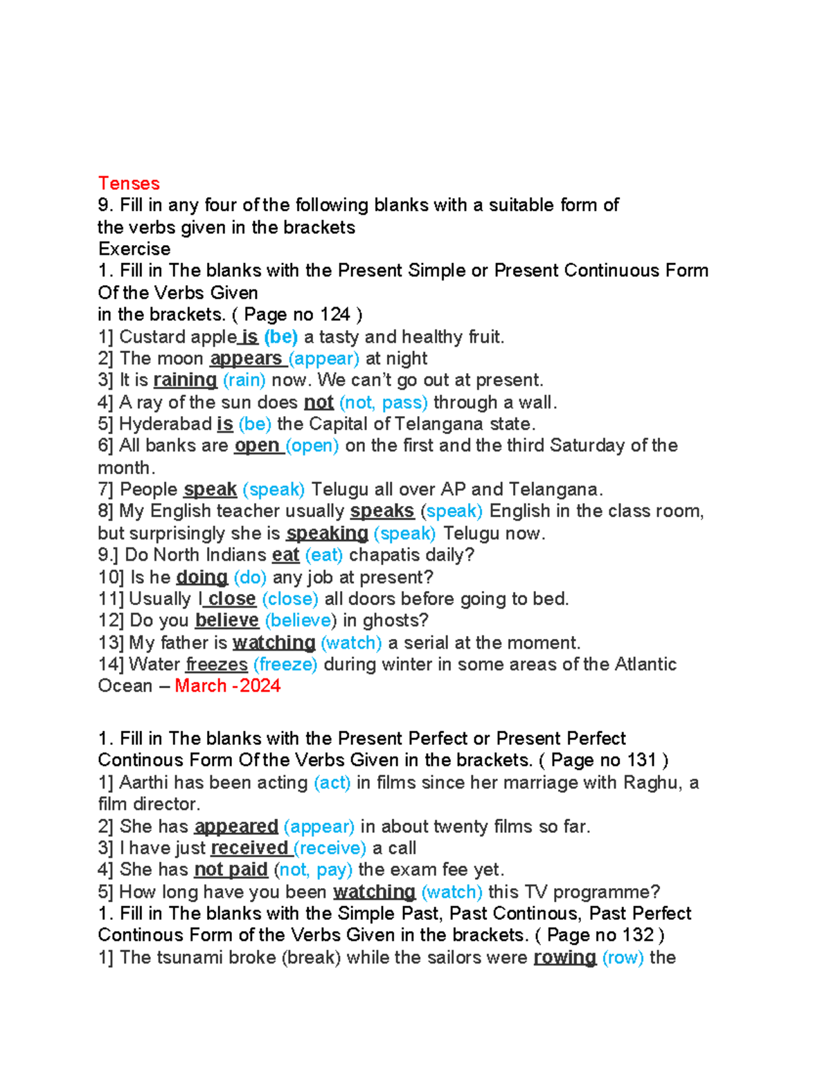 Tenses Grammer - Tenses 9. Fill in any four of the following blanks ...