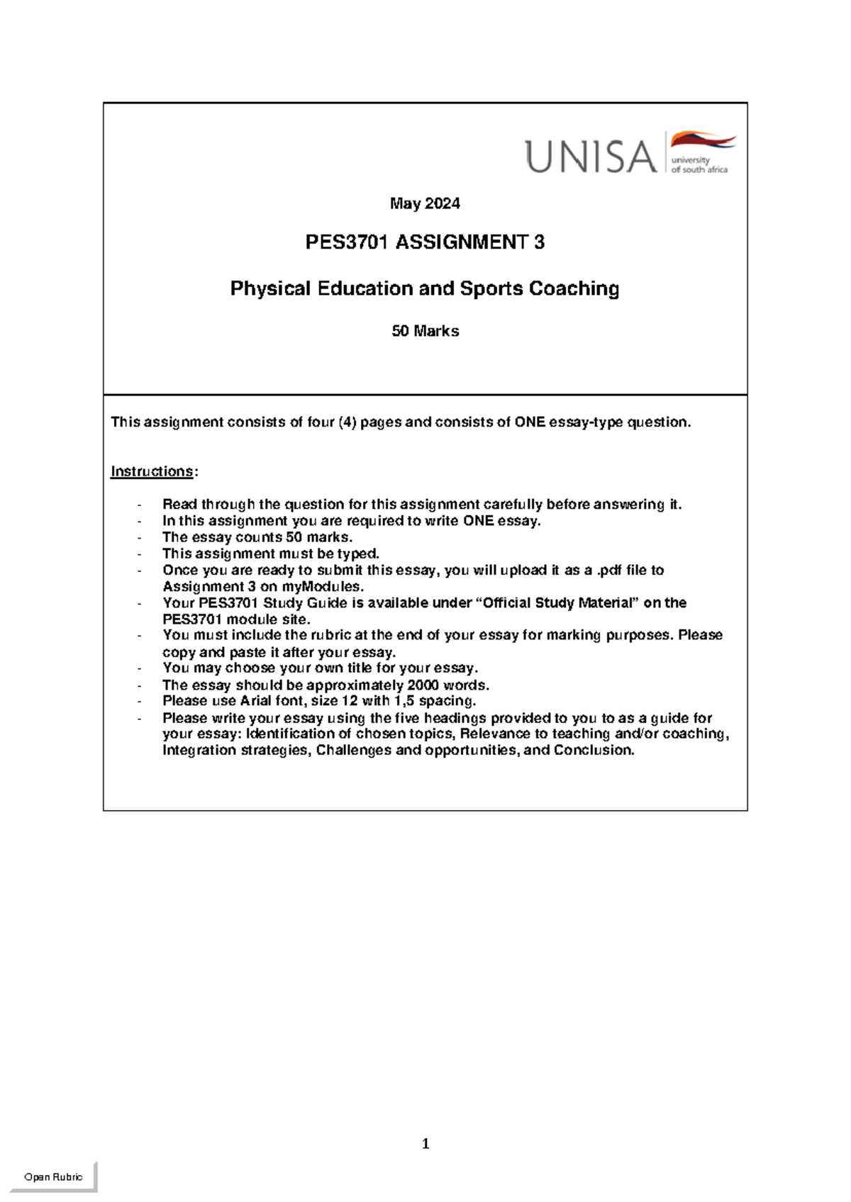Assessment 3 PES3701 Essay - May 2024 PES3701 ASSIGNMENT 3 Physical ...