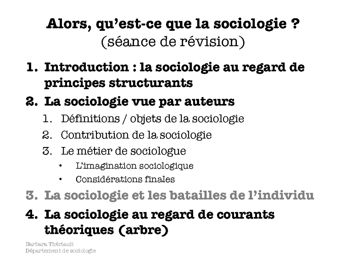 Révision examen - Alors, qu’est-ce que la sociologie? (séance de ...