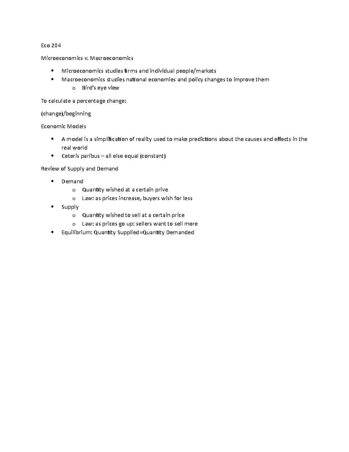 Eco 204 Lecture 2 - Eco 204 Microeconomics v. Macroeconomics Microeconomics studies firms and ...