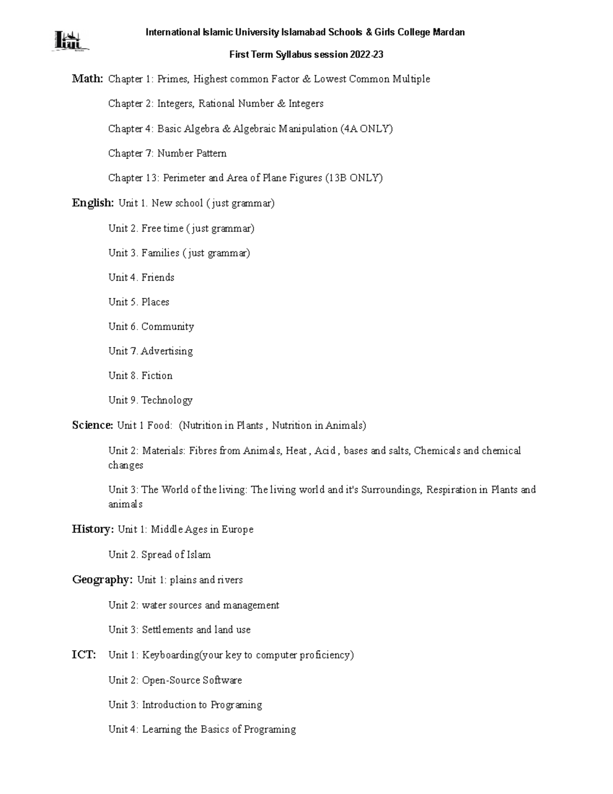 1st term - mock exam material - International Islamic University ...