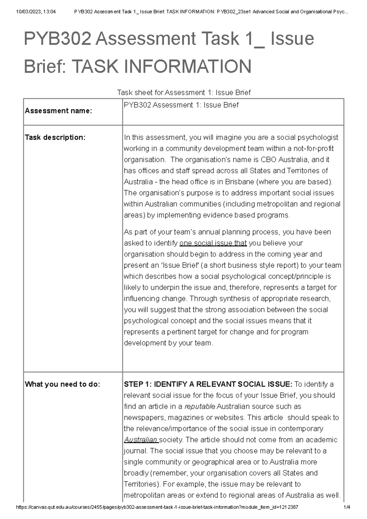 PYB302 Assessment Task 1 Issue Brief - The organisation’s name is CBO ...