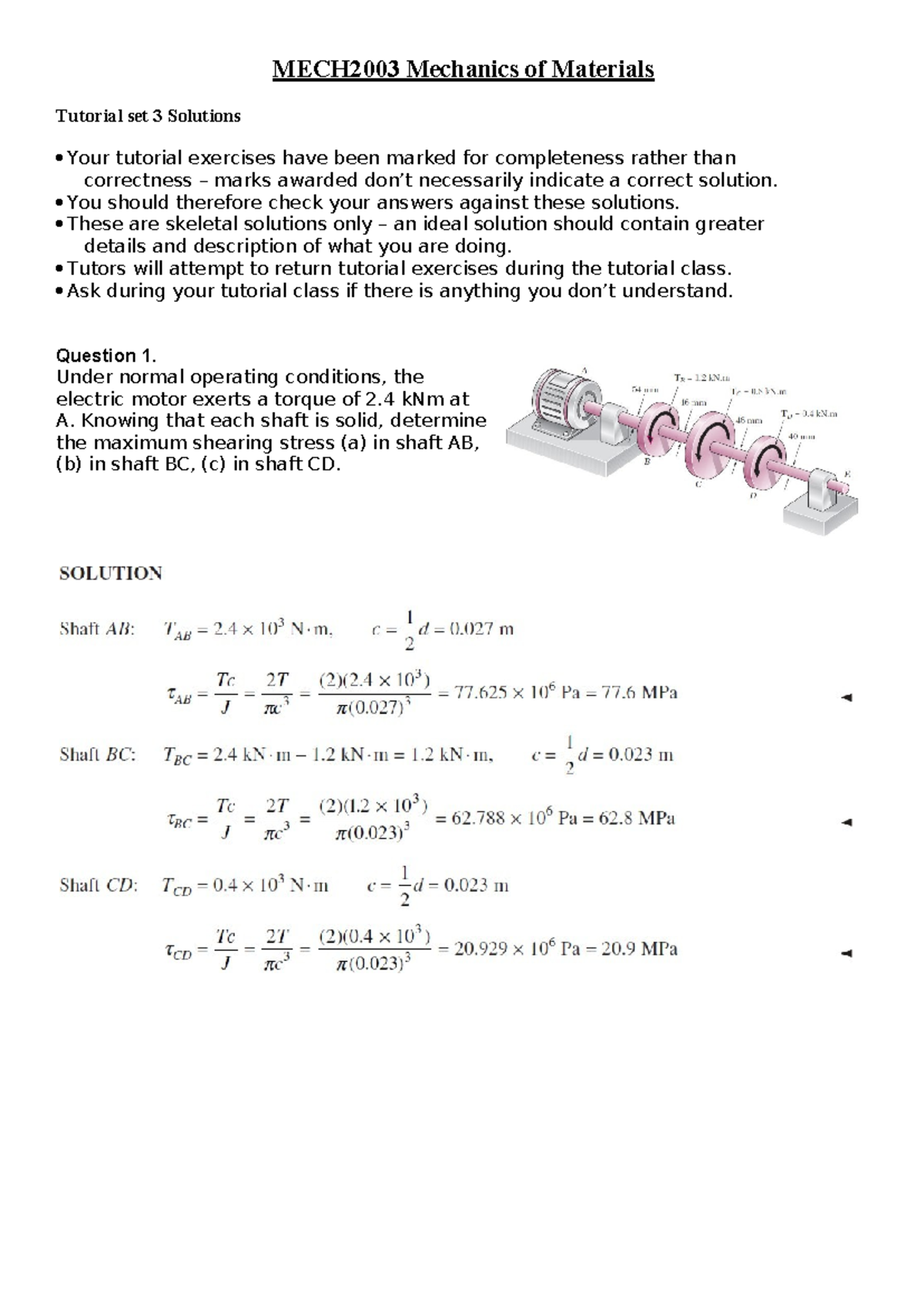 Soln set 3 2024 - Soln set 3 2024 - MECH2003 Mechanics of Materials ...