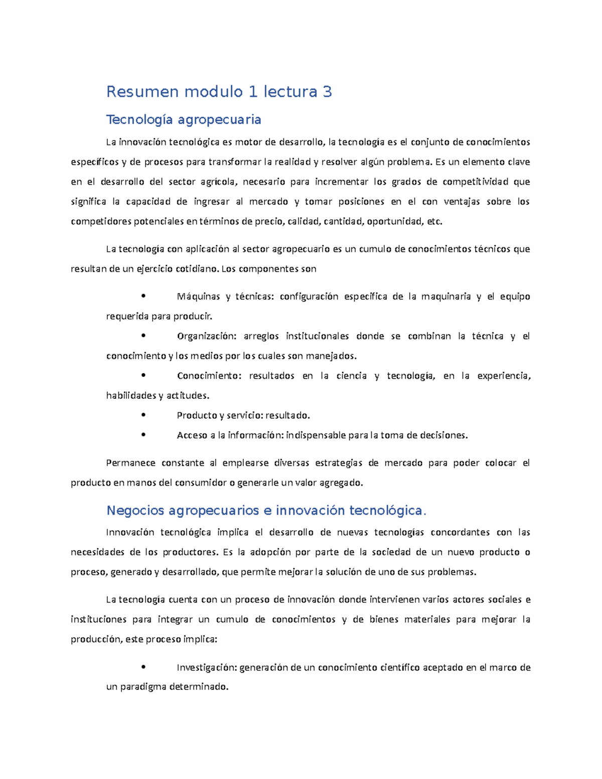 Resumen modulo 2 lectura 3 y 4 - Resumen modulo 1 lectura 3 Tecnología agropecuaria La ...