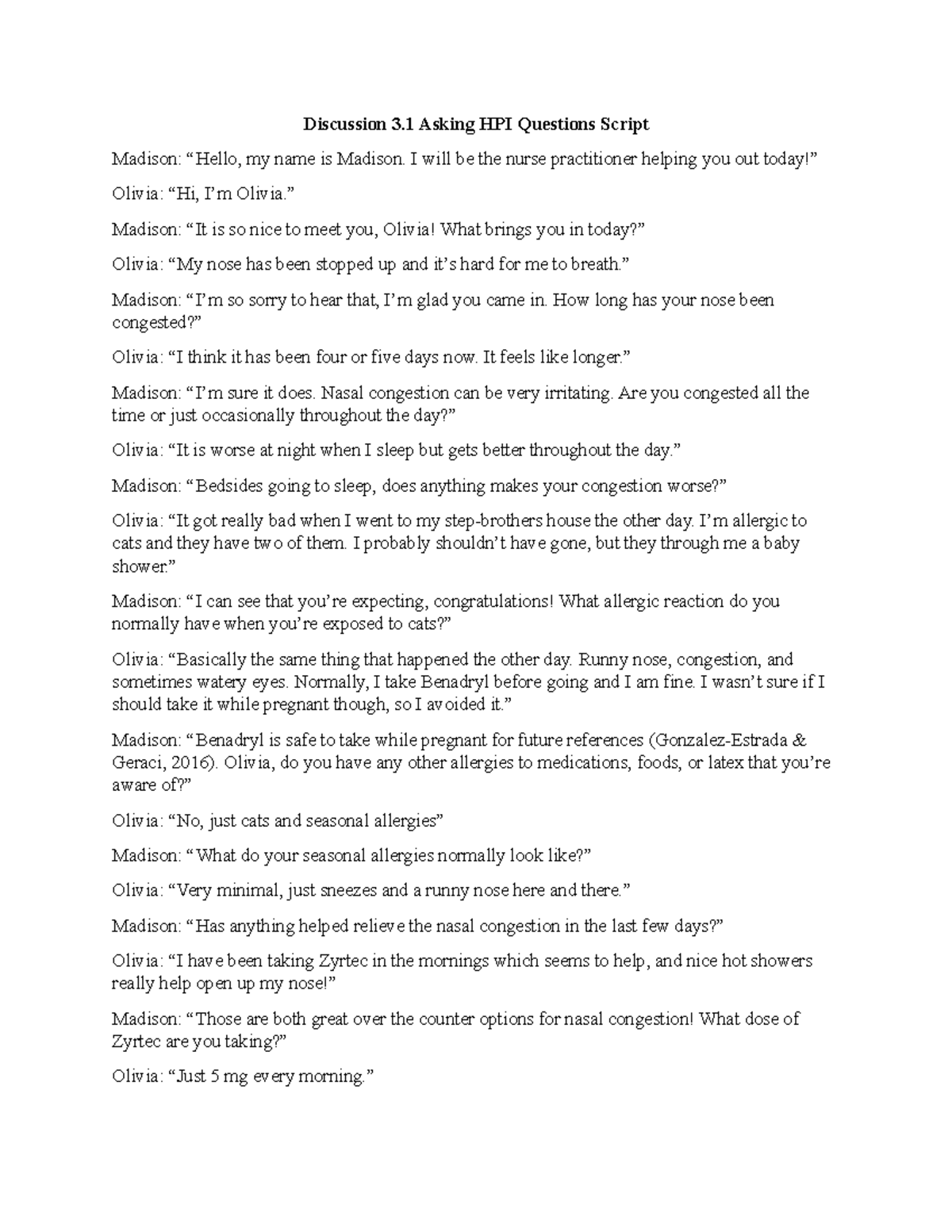 Discussion 3.1 Script - Discussion 3 Asking HPI Questions Script ...