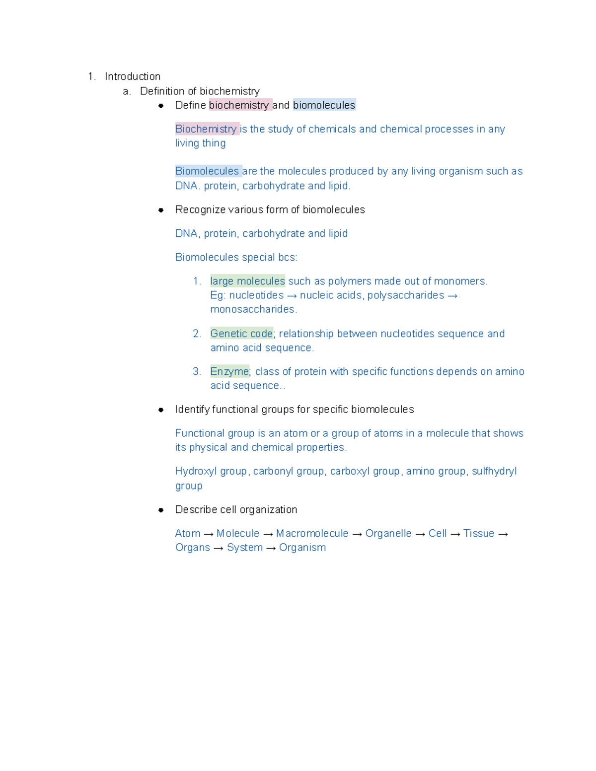 Notes BIO462 chp 1 - Introduction a. Definition of biochemistry Define ...