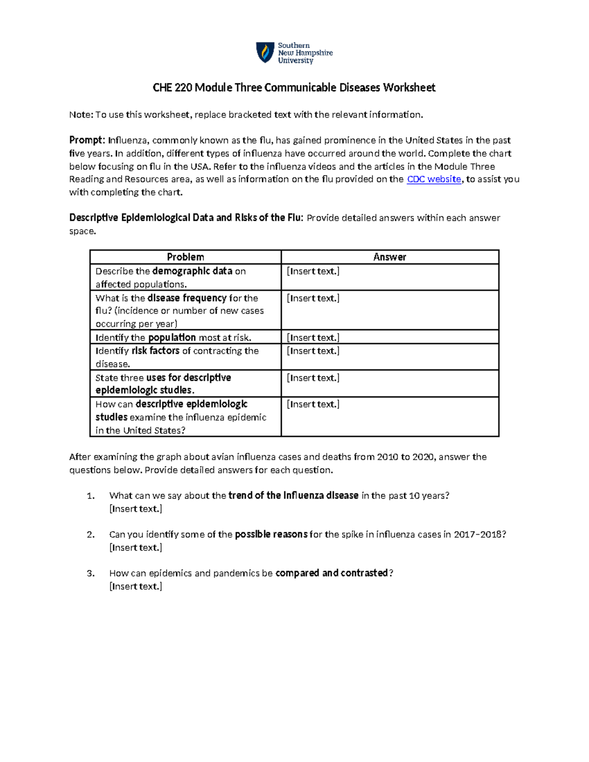 CHE 220 Module Three Communicable Diseases Worksheet - Prompt ...