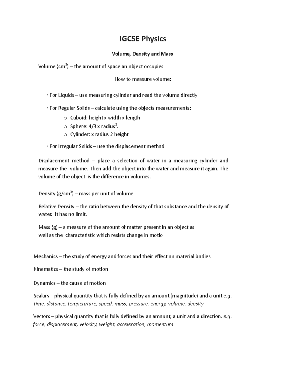 Igcse Physics - notes - IGCSE Physics Volume, Density and Mass Volume ...