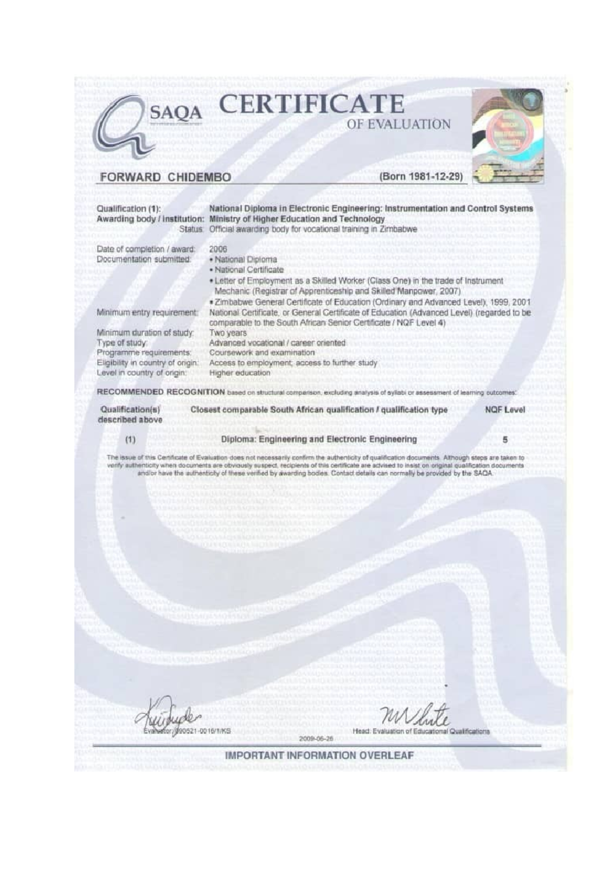 Doc1 - NOTE - Q SAQA CERTIFICATE OF EVALUATION FORWARD CHIDEMBO (Born Qualification (1 ...
