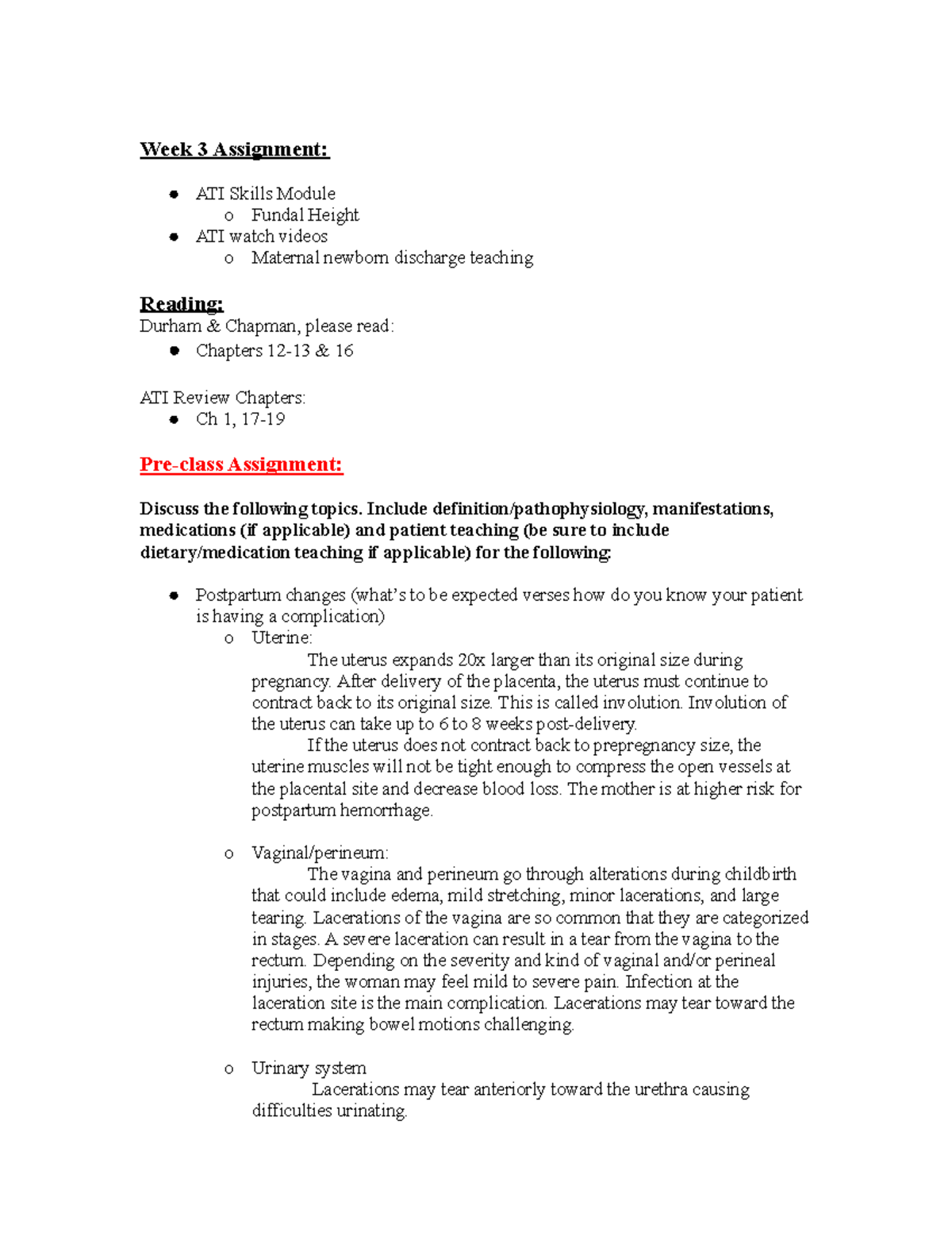 N306 week 3 PCA - preclass - Week 3 Assignment: ATI Skills Module o Fundal Height ATI watch ...