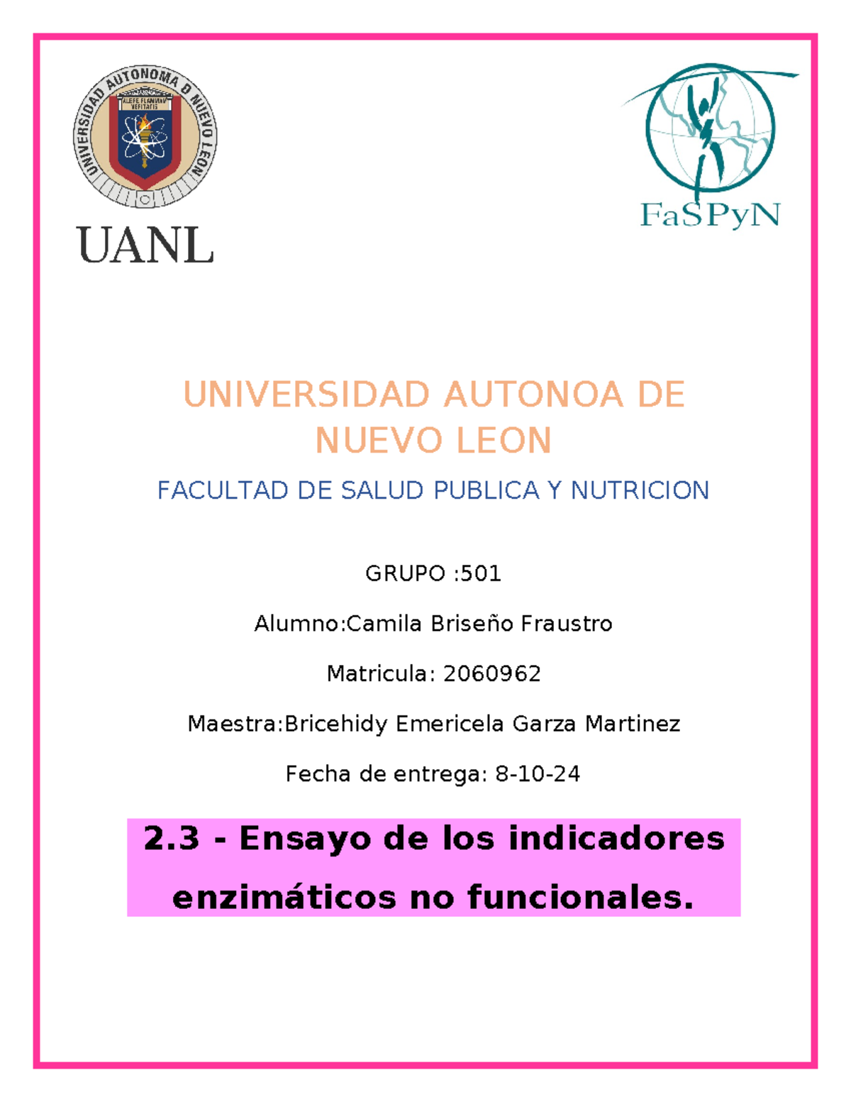 Ensayo DE LOS Indicadores Enzimaticos NO Funcionales CBF - UNIVERSIDAD ...