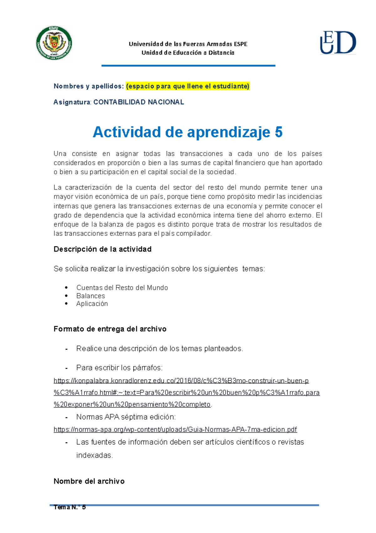Actividad N 5 CN - Deber - Universidad de las Fuerzas Armadas ESPE Unidad de Educación a ...