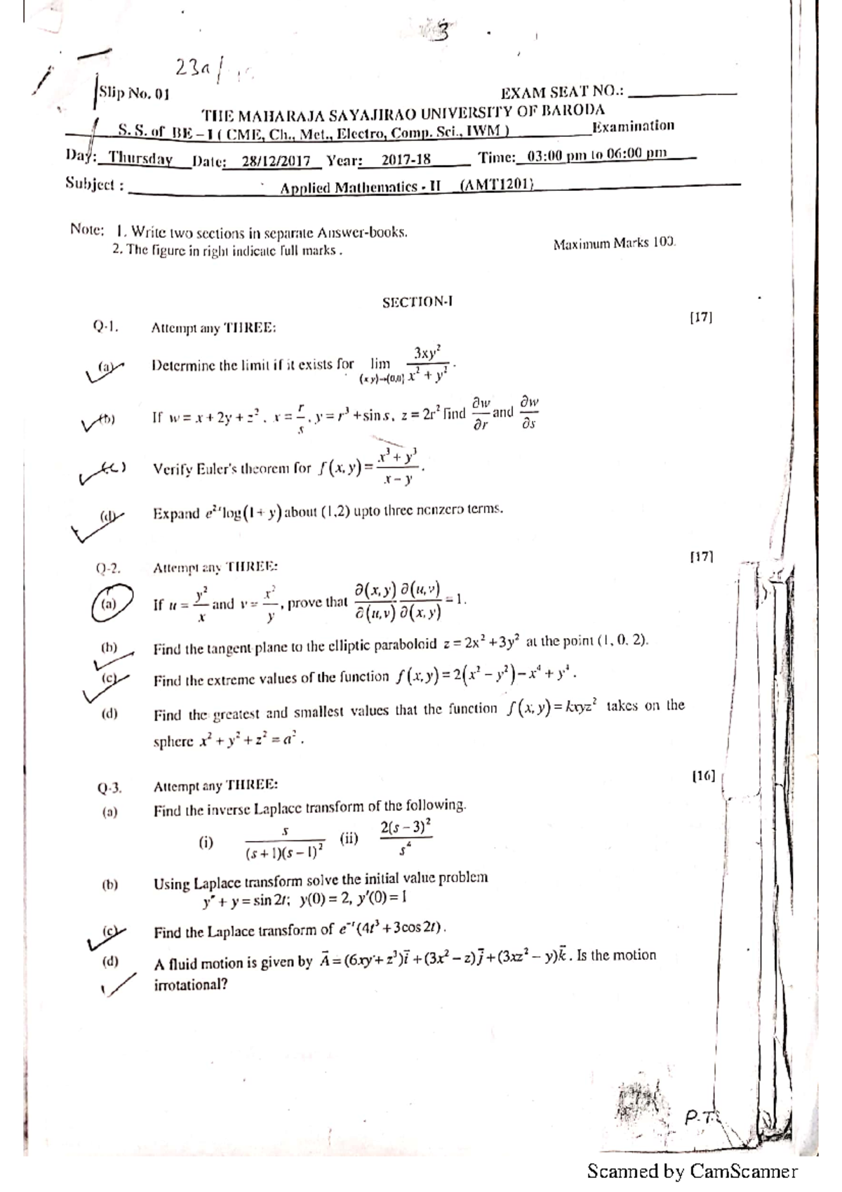 SS BE1 old question papers (2) - Applied Mathematics 2 - MSU - Studocu