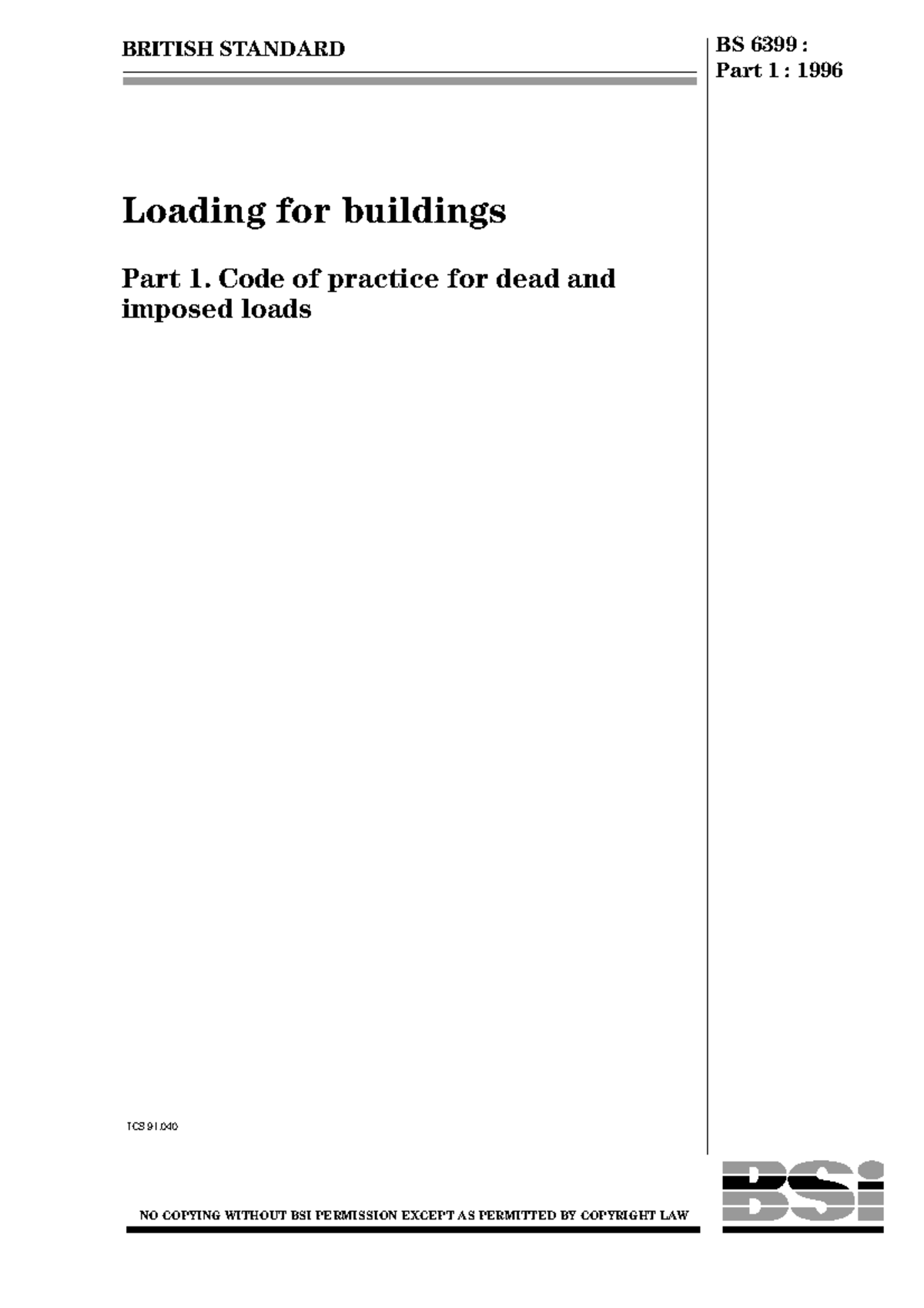 Bs6399 1 1996 loading for buildings dead imposed loads