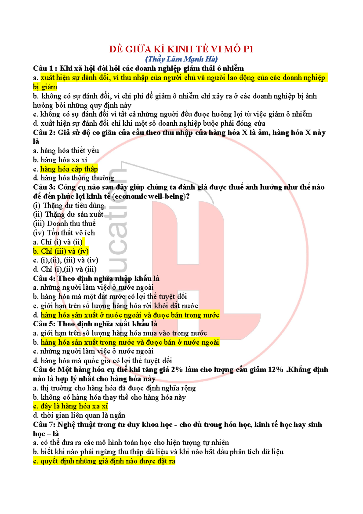 ĐỀ GIỮA KÌ KINH TẾ VI MÔ P1 - ĐỀ GIỮA KÌ KINH TẾ VI MÔ P (Thầy Lâm Mạnh ...