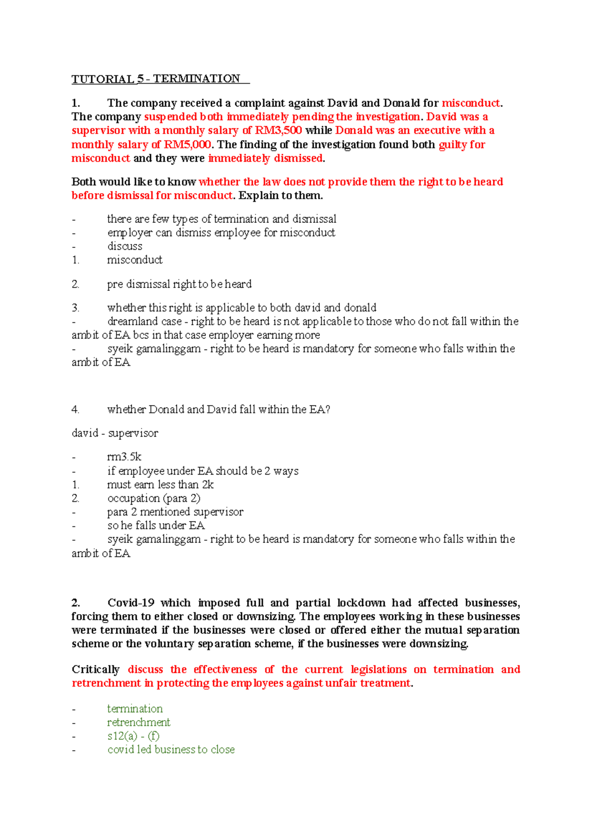 Tutorial 5 - Termination - TUTORIAL 5 - TERMINATION 1. The company ...