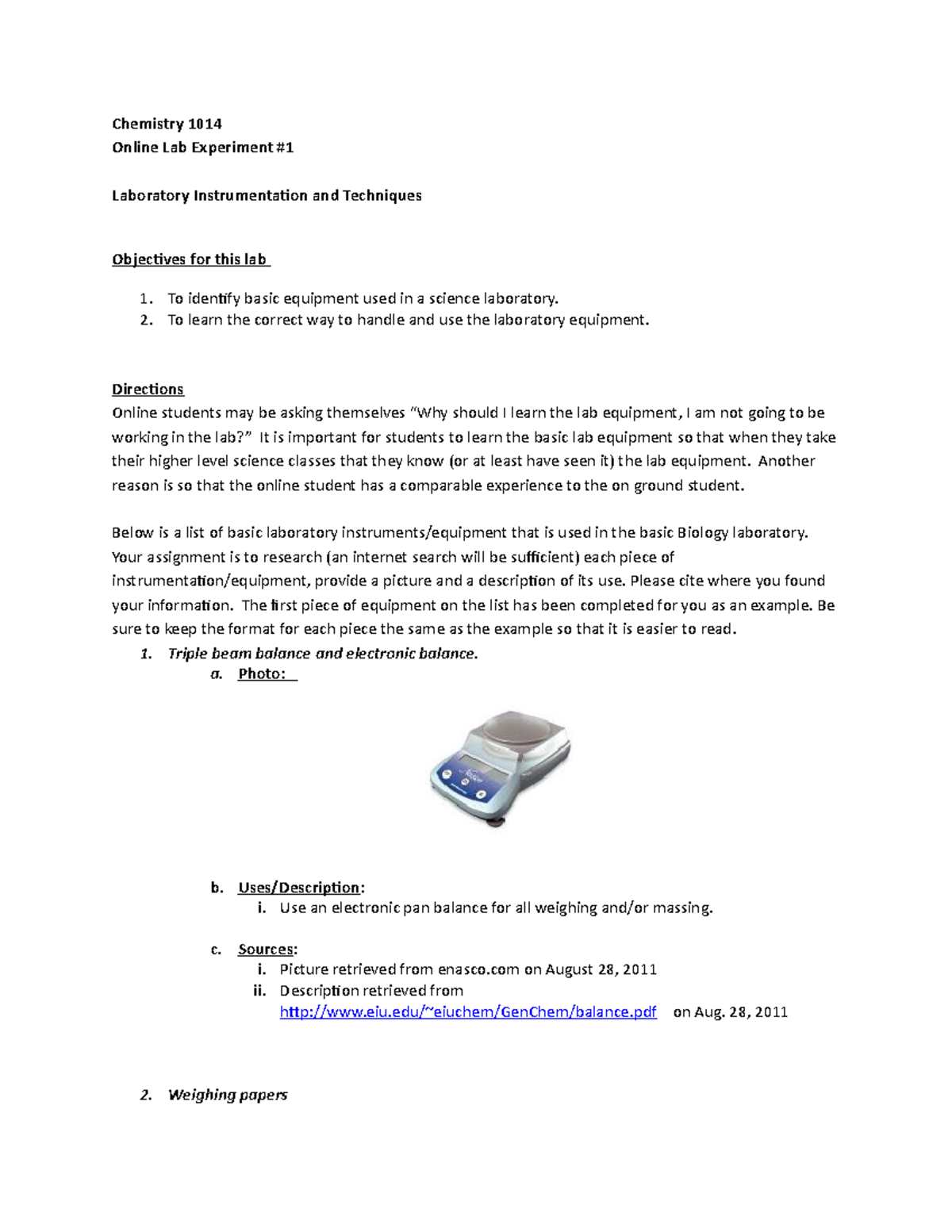 Chem lab 1 - lab 1 - Chemistry 1014 Online Lab Experiment # Laboratory Instrumentation and - Studocu