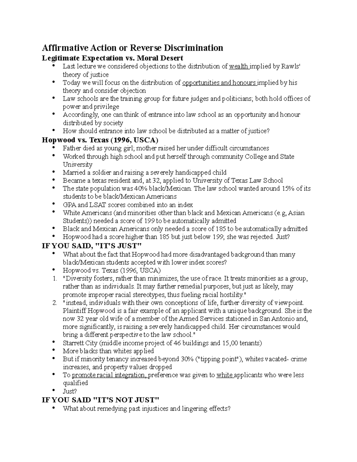 1250 Lecture 9 - Affirmative Action or Reverse Discrimination Legitimate Expectation vs. Moral ...