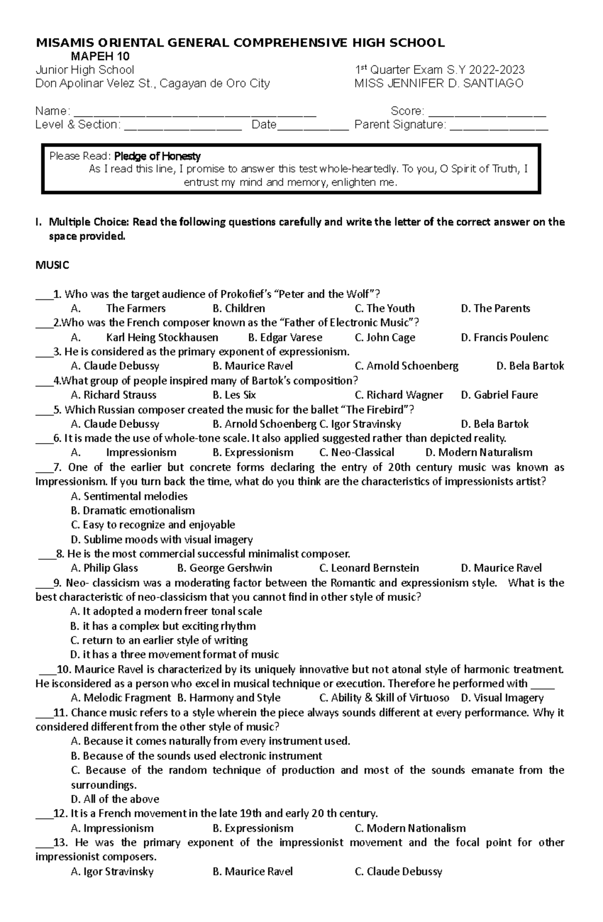 1st quarter exam Mapeh 2022 2023 - MISAMIS ORIENTAL GENERAL ...