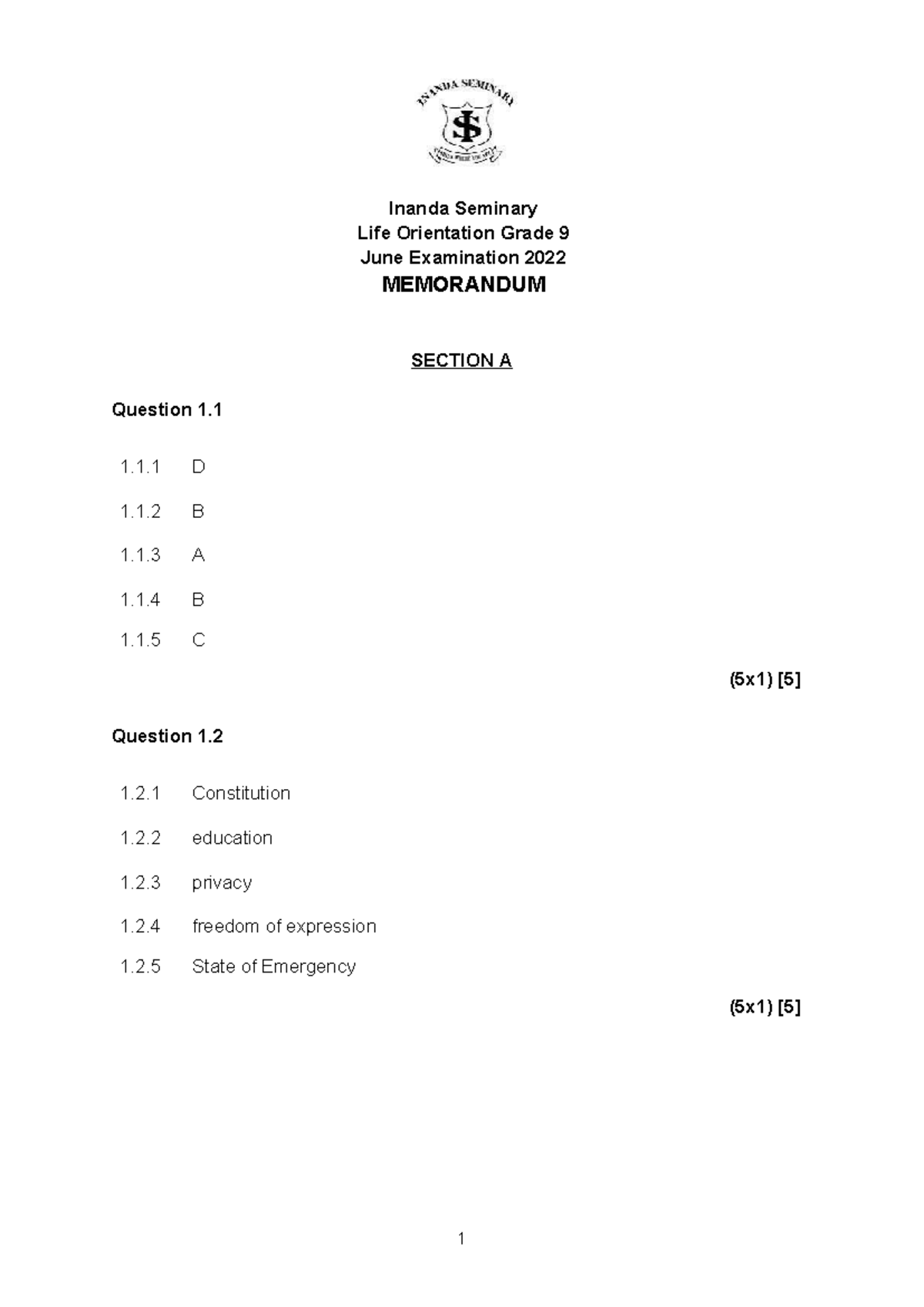 Grade 9 LO June Exam 2022 Memo - Inanda Seminary Life Orientation Grade ...